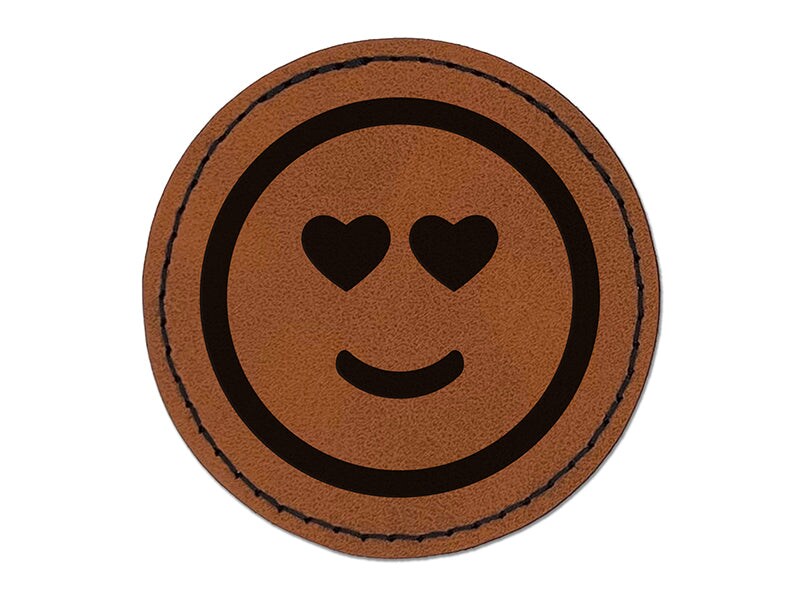 Heart Eyes Love Happy Face Emoticon Round Iron-On Engraved Faux Leather Patch Applique - 2.5 ...