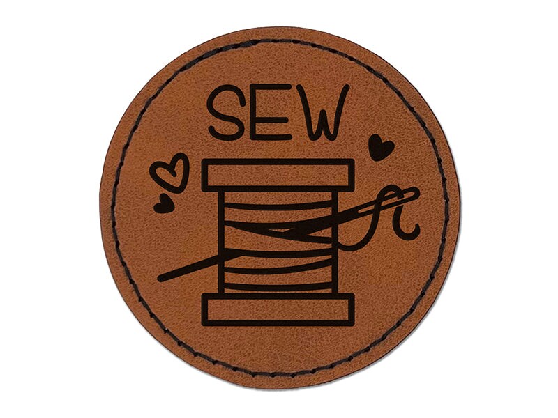 Spool of Thread Sew Sewing Round Iron-On Engraved Faux Leather Patch ...