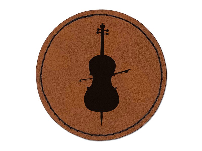 Cello Music Instrument Silhouette Round Iron-On Engraved Faux Leather ...
