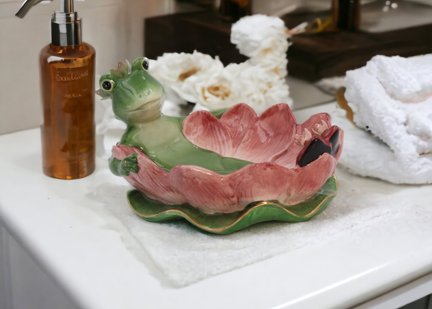 Ceramic Frog in Water Lily Soap Dish, Home Décor, Gift for Her, Mom ...