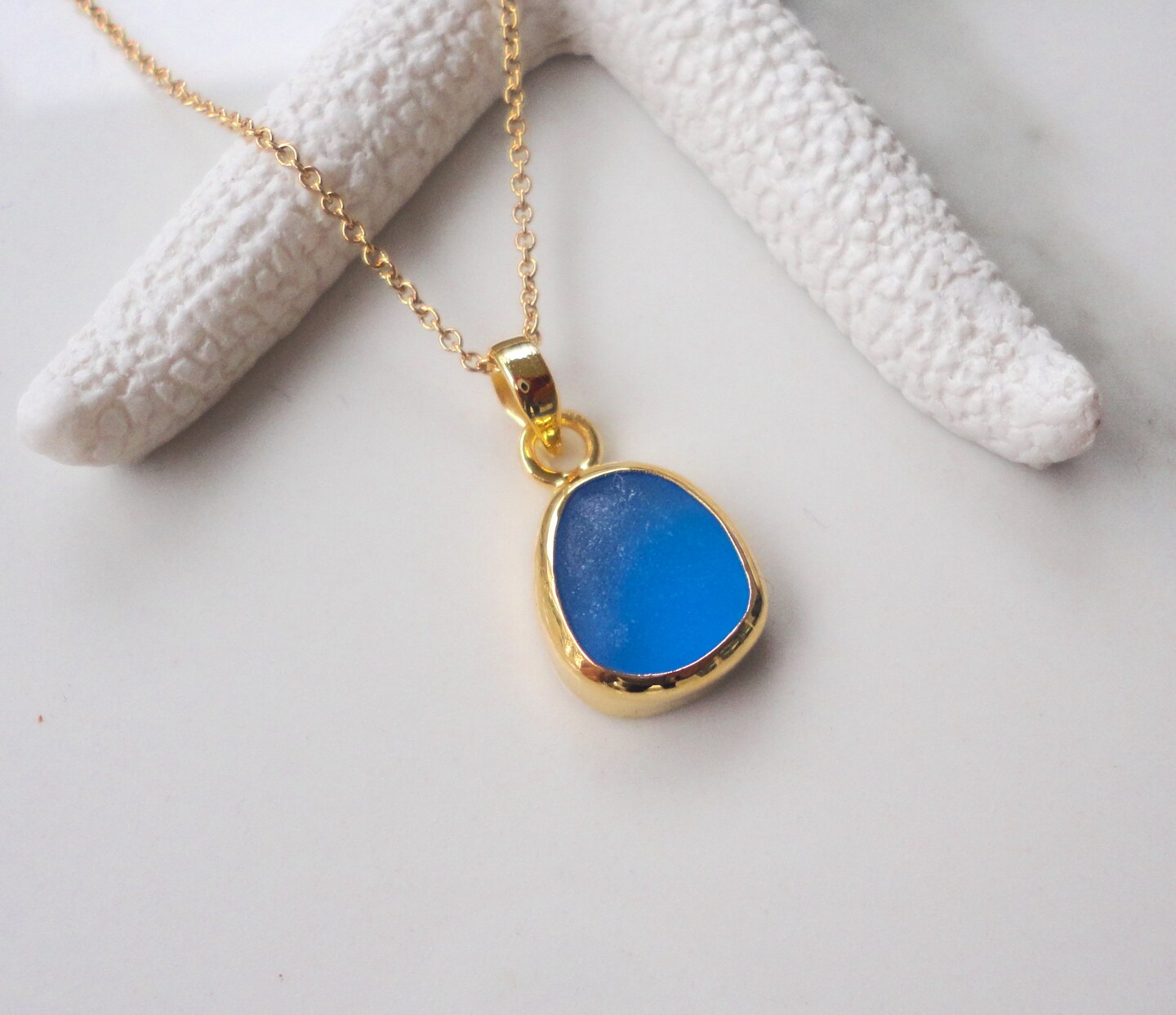 Petite Gold Sea Glass Pendant Necklace 24k Gold Plated Teal Green Beach ...