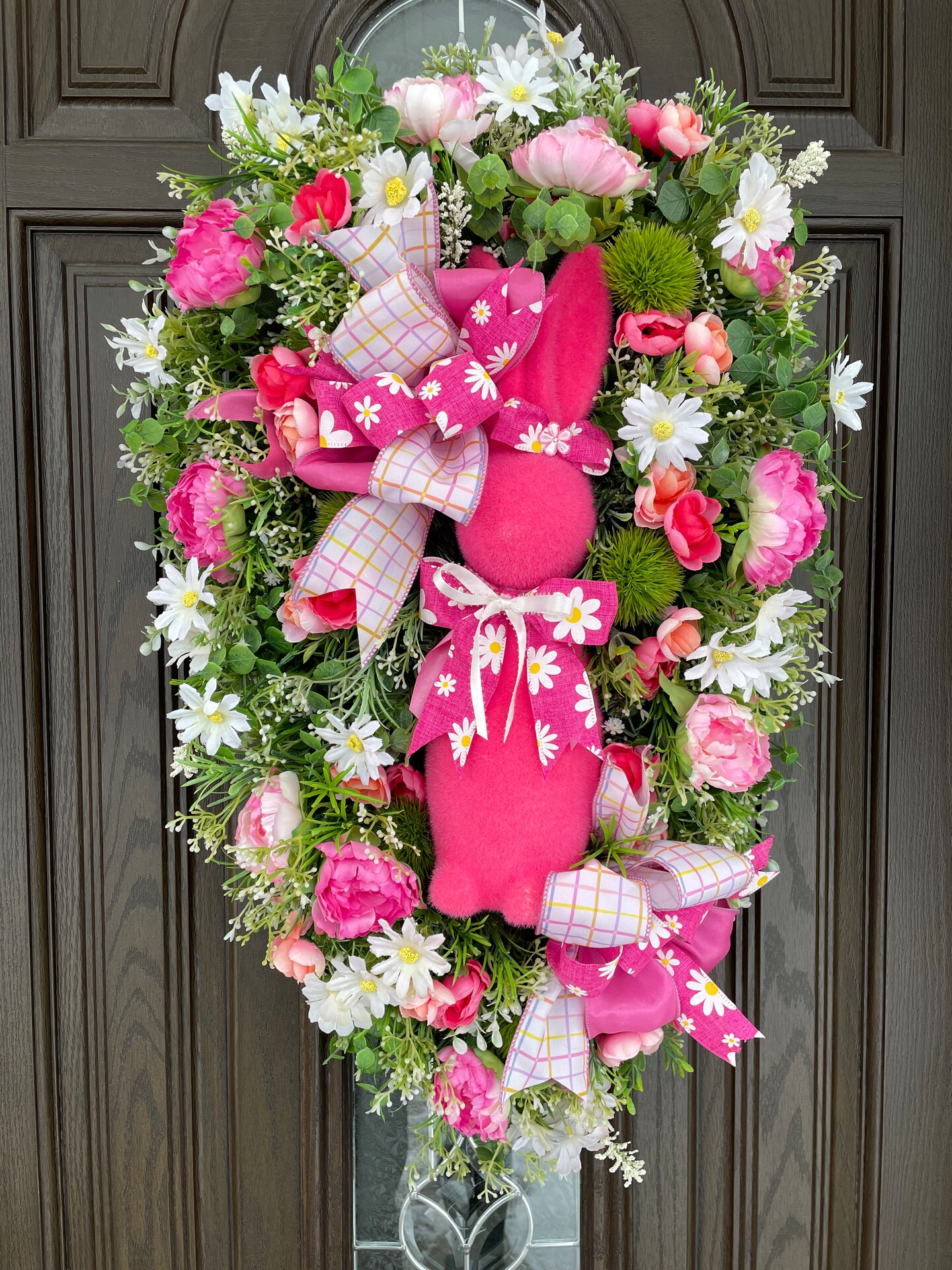 Flocked Bunny Spring Swag, Bright Pink Easter Swag with Roses, Natural ...