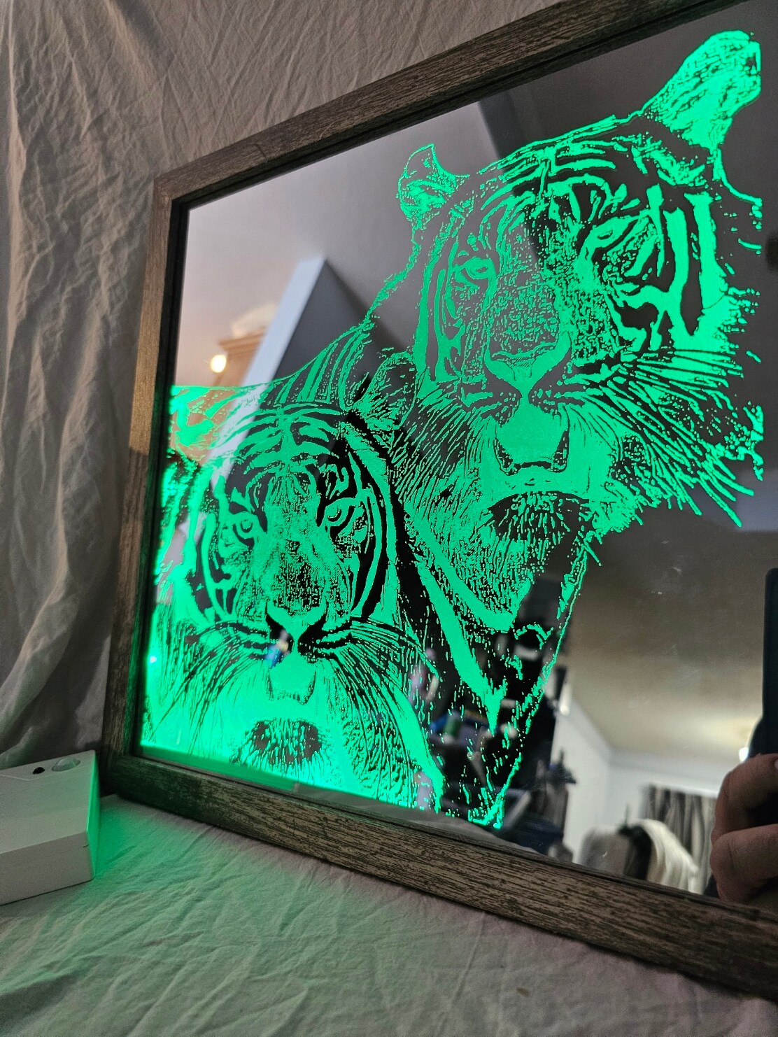 LED Lighted Mirror with Grey Frame and Double Tiger Wall Hanger ...