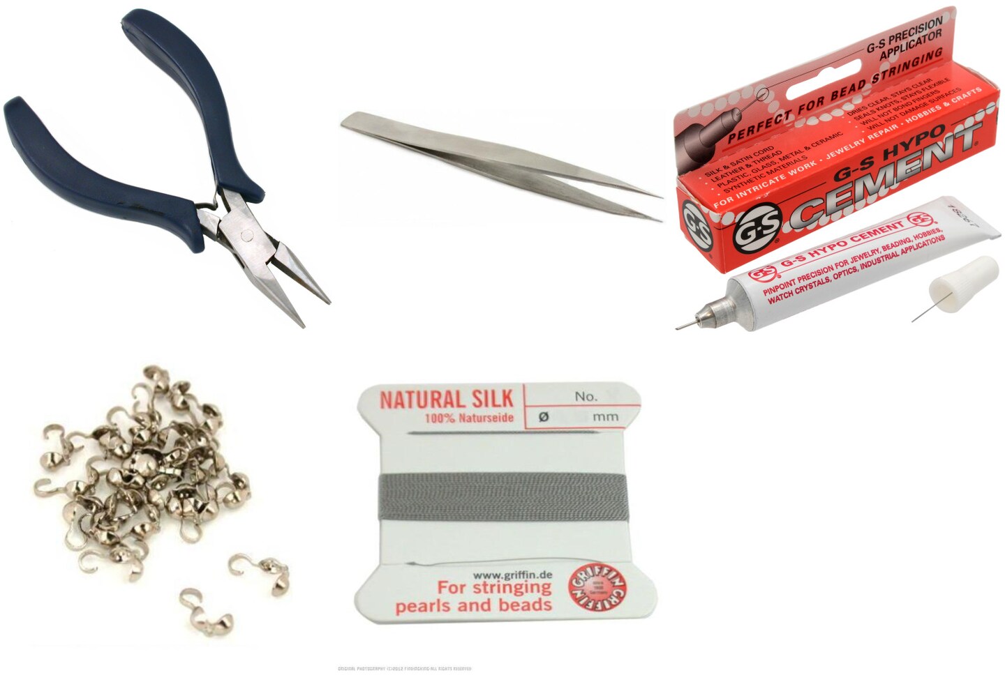 Bead Tip Kit - Pliers, Tweezers, Cement, 30 Bead Tips & Grey Bead Cord ...