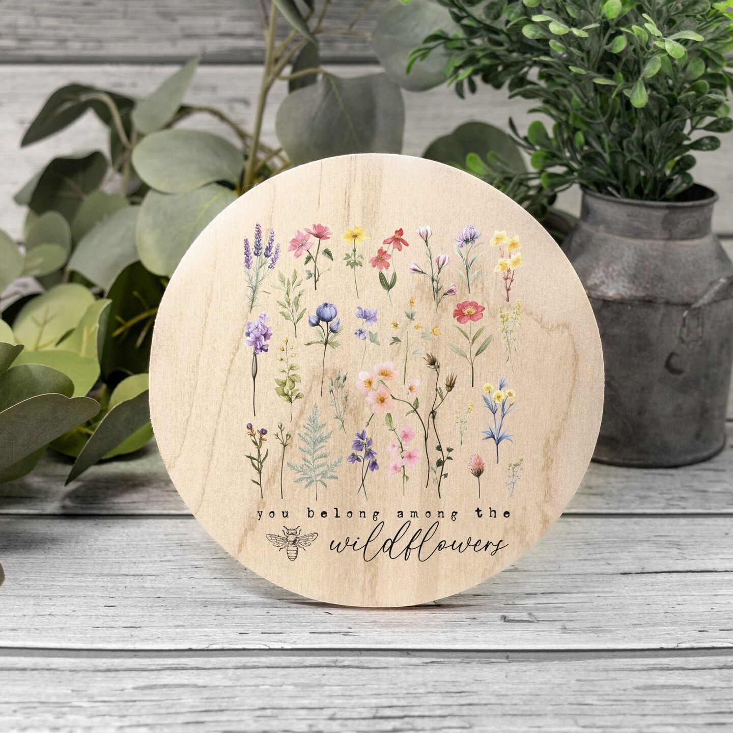 Round Wooden Sign with Wildflower Botanical Art Rustic Home Decor ...
