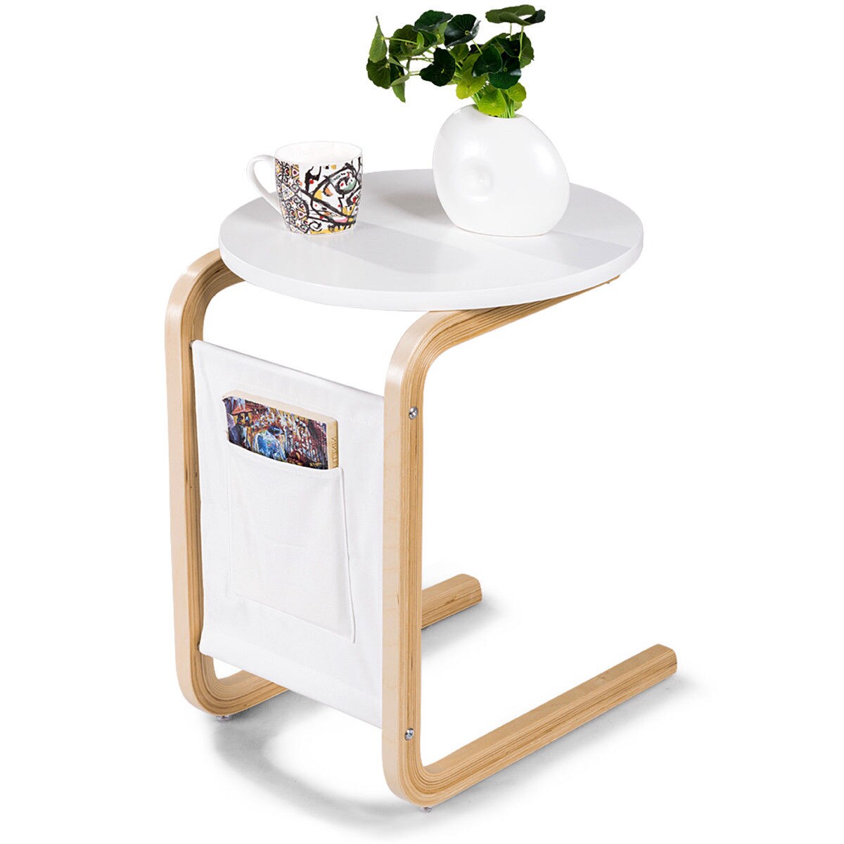Gymax Bentwood End Side Table Sofa Accent Coffee Table Round Tabletop w ...