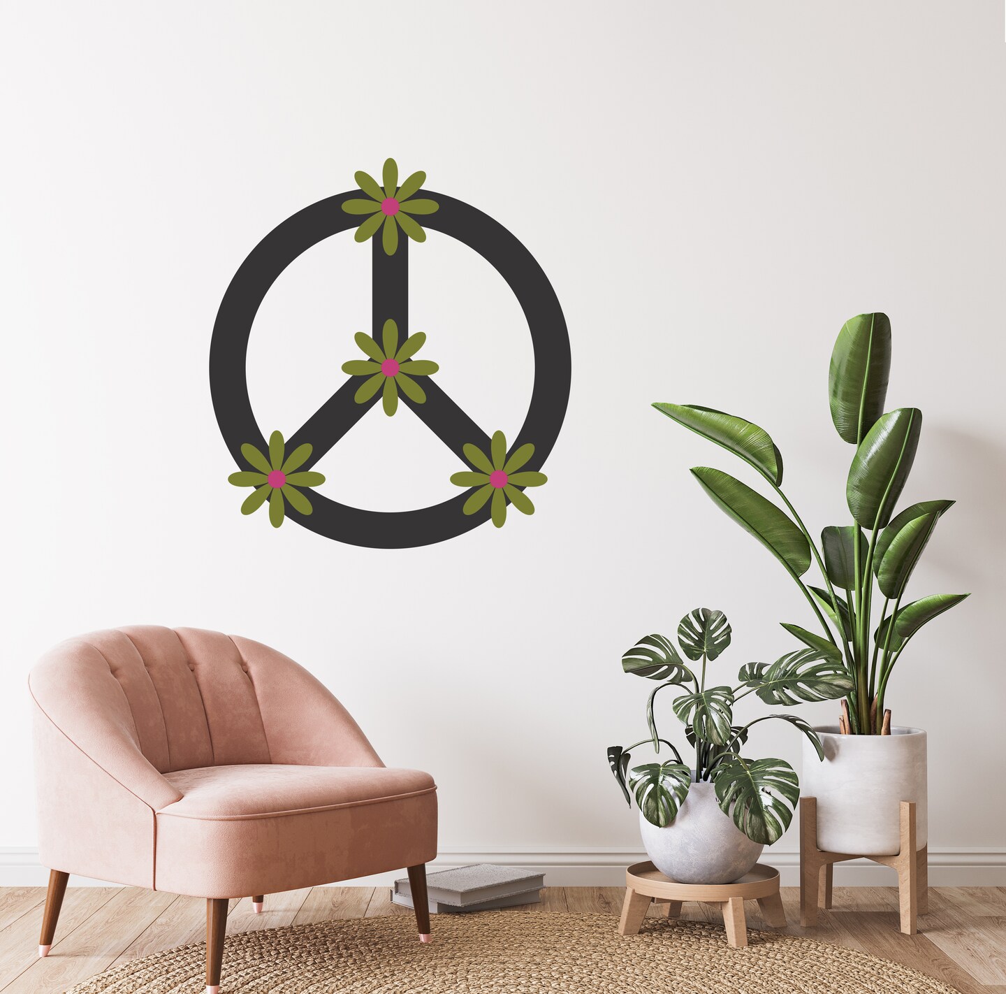 Modern Wall Decals, Floral Peace Sign Decal, Removable Dorm Room Decor ...