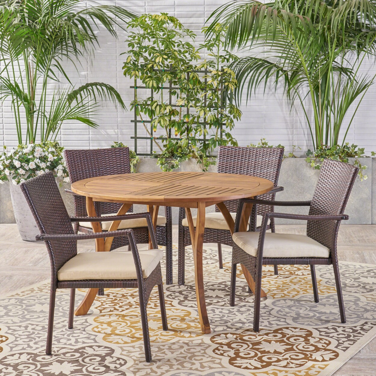 GDFStudio Baldry Outdoor 5 Piece Acacia Wood and Wicker Dining Set ...