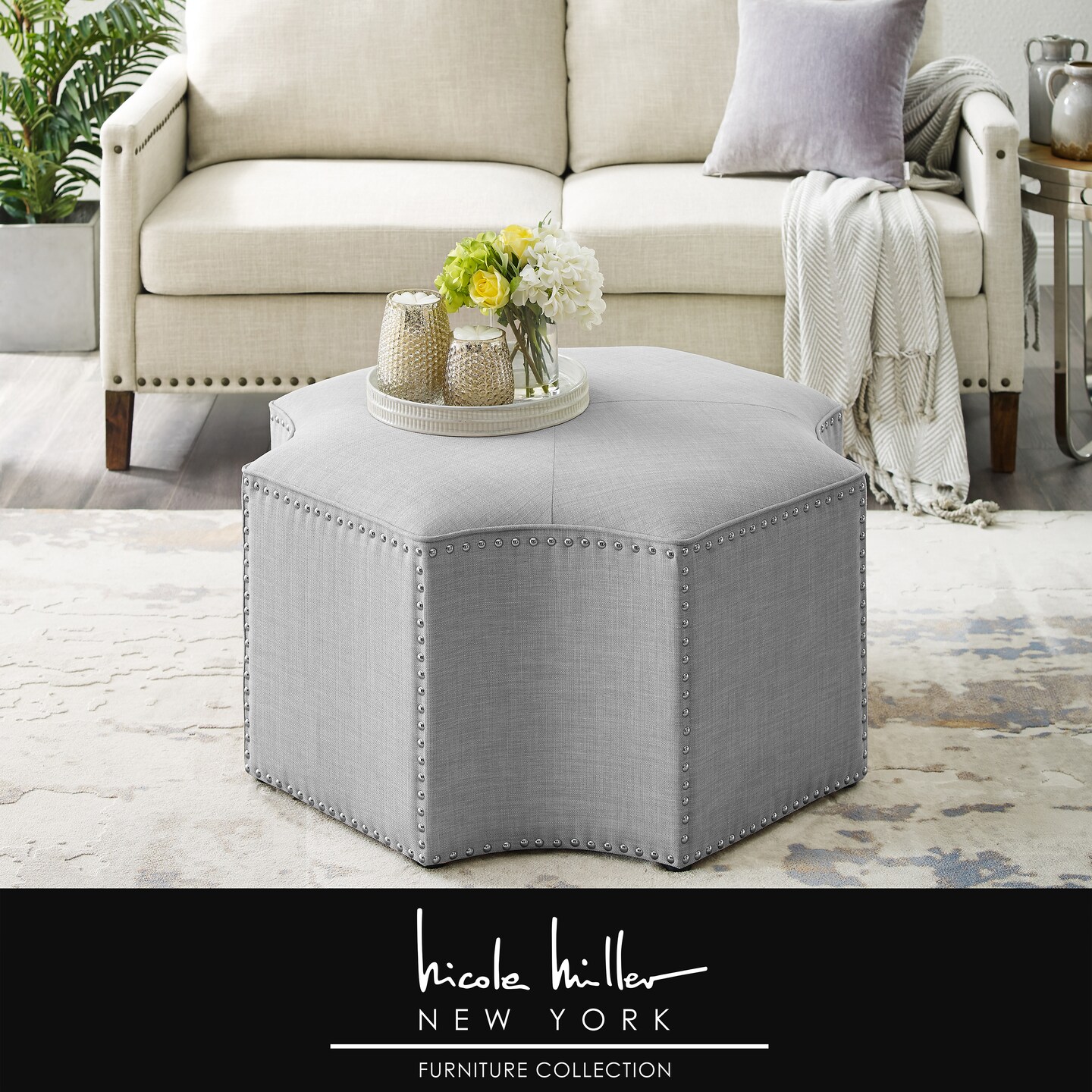 Nicole Miller Rey Octagon Cocktail Ottoman-Single Tufted-Chrome ...
