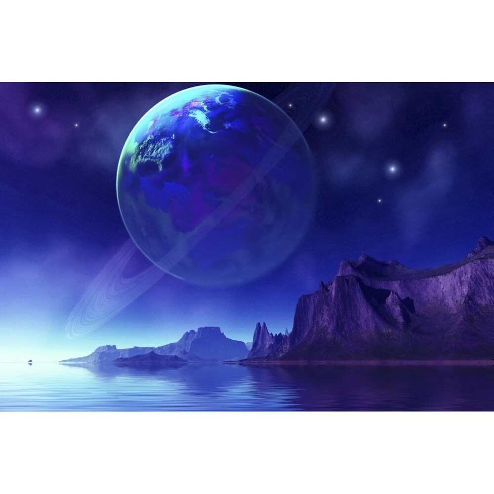 Cosmic Seascape On Another World With A Ringed Planet In The Night Sky ...