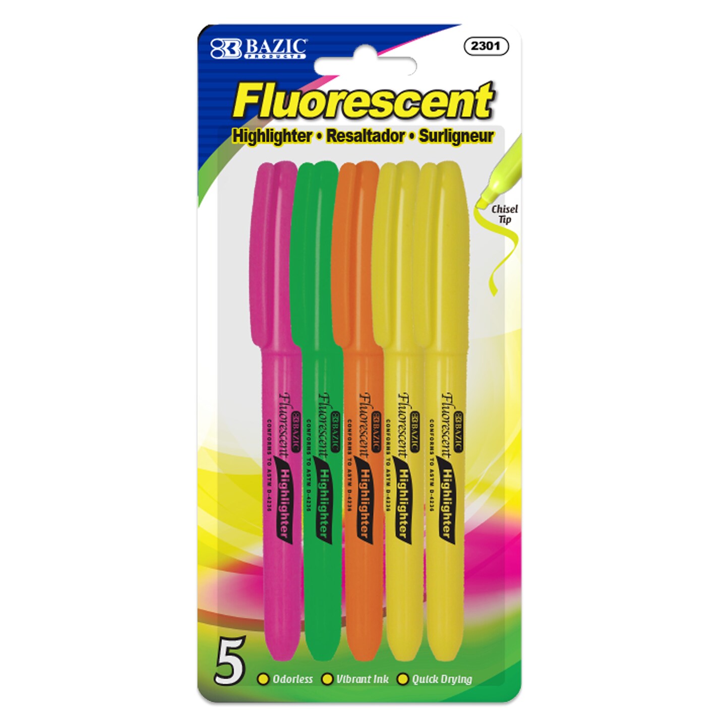 BAZIC Pen Style Fluorescent Highlighter Asst Color w/ Pocket Clip (5 ...