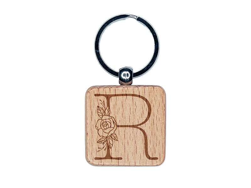 Rose Typewriter Font Capital Letter R Engraved Wood Square Keychain Tag ...