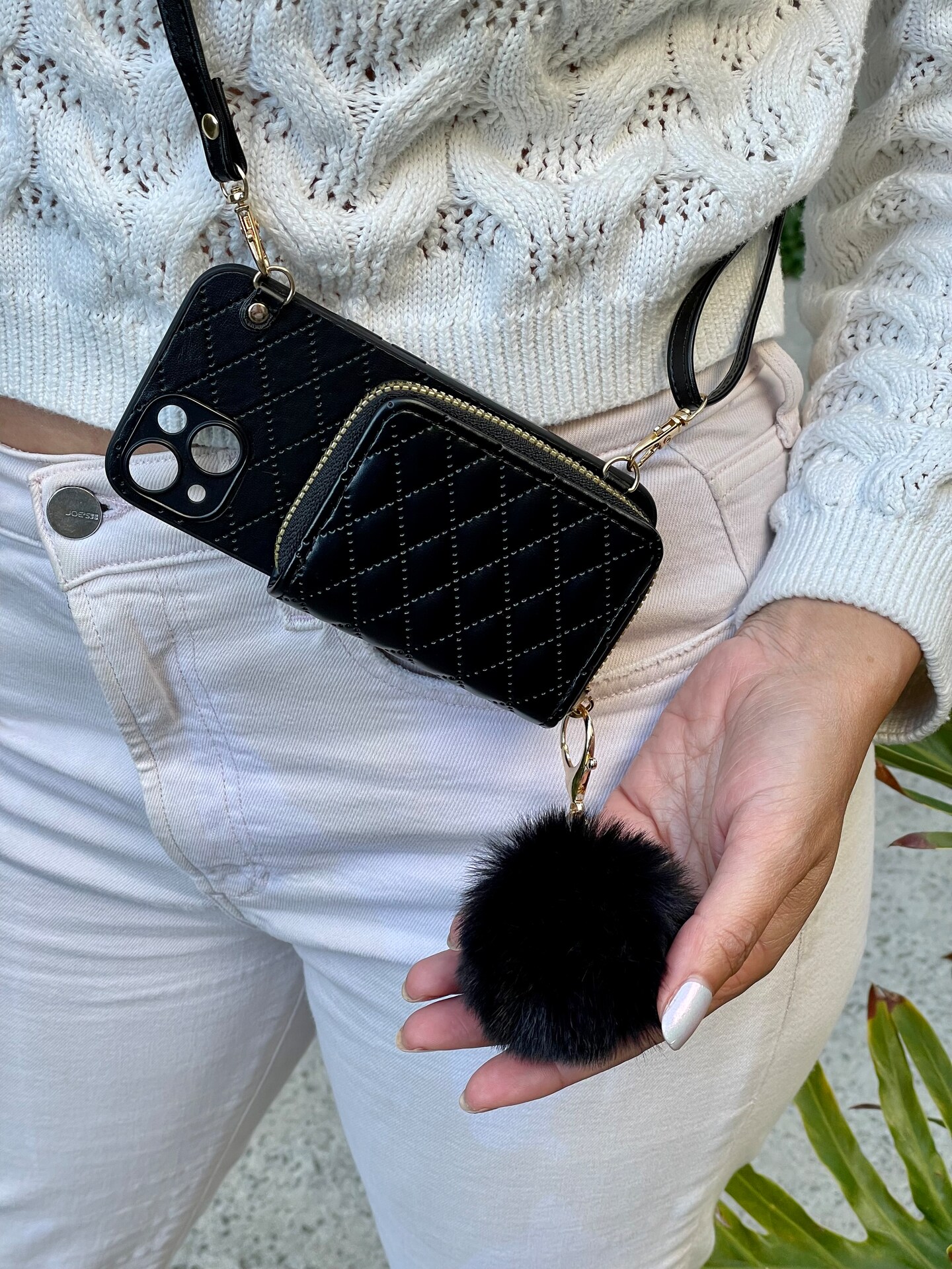 Chic Black Leather Crossbody iPhone Case with Strap and Pompom Charm 14 ...