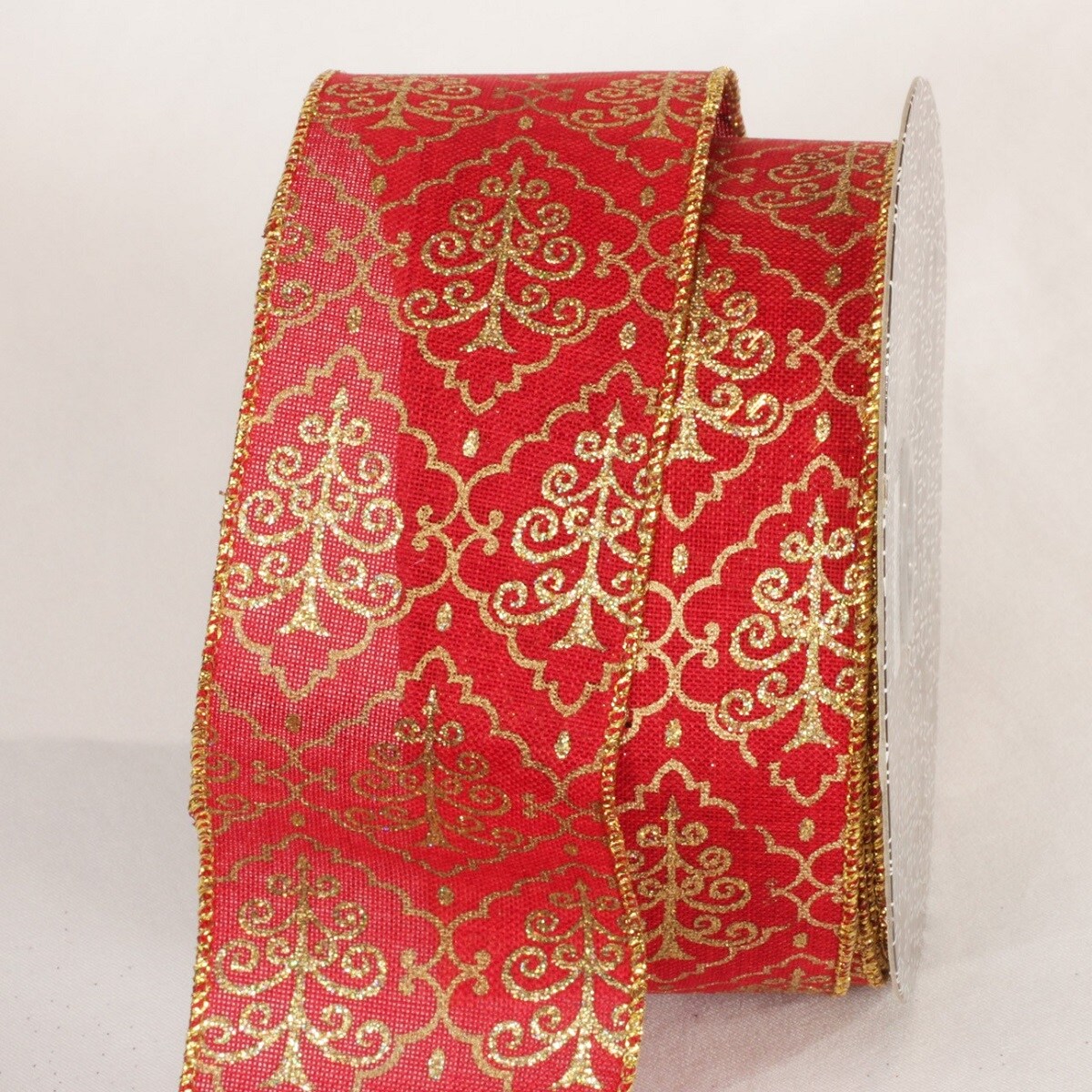 The Ribbon People Gold and Cherry Red Tree Design Wired Craft Ribbon 2. ...