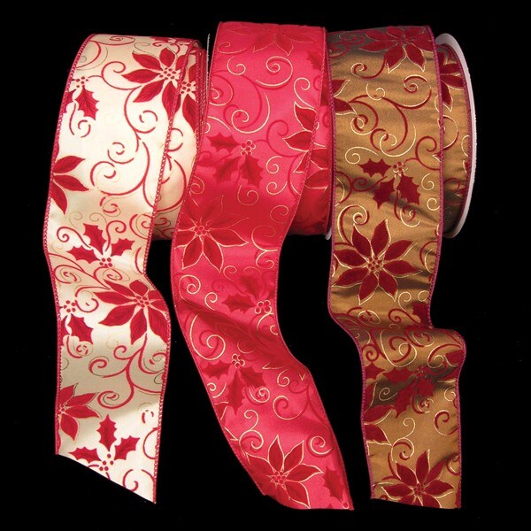 The Ribbon People Festive Amber Poinsettia Print Swirl Wired Craft ...