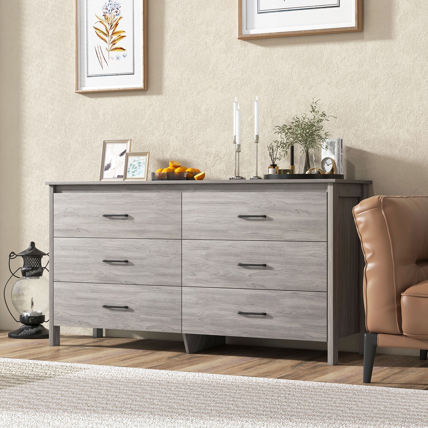 6-Drawer Wide Dresser Chest with Center Support and Anti-tip Kit-grey ...