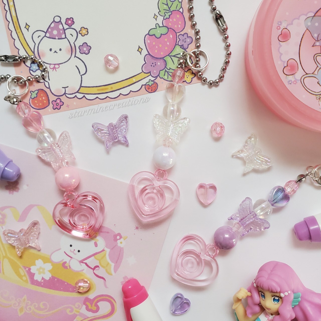 Mini Heartbeat Butterfly Phone Strap ~ Beaded Keychain Charm Girly Alt ...