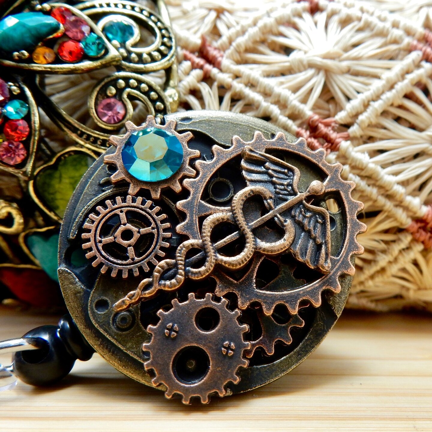 Custom Crystal Badge Clip, Steampunk Caduceus Badge Bling, Personalized ...