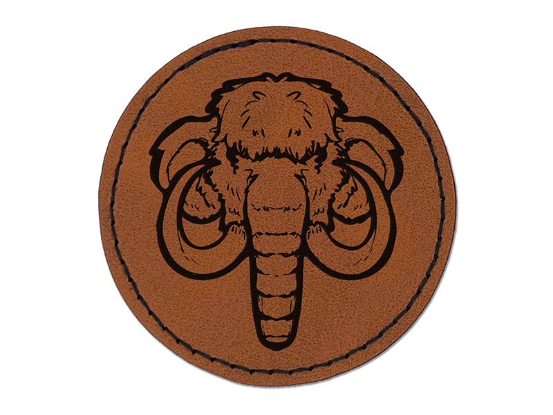 Wooly Mammoth Head Round Iron-On Engraved Faux Leather Patch Applique ...