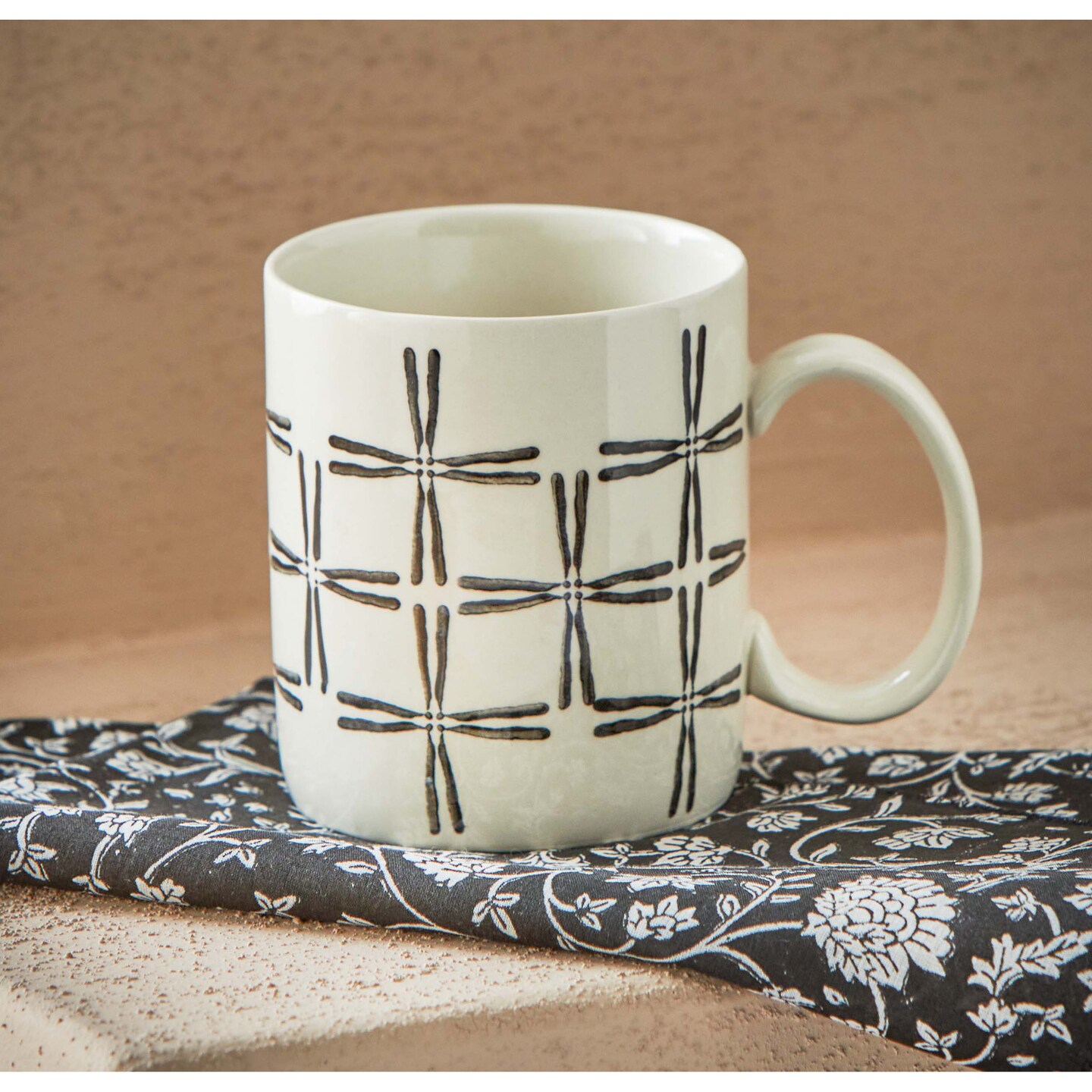 Hashi Black Graphic Print on Cream Beige Background Stoneware Coffee ...