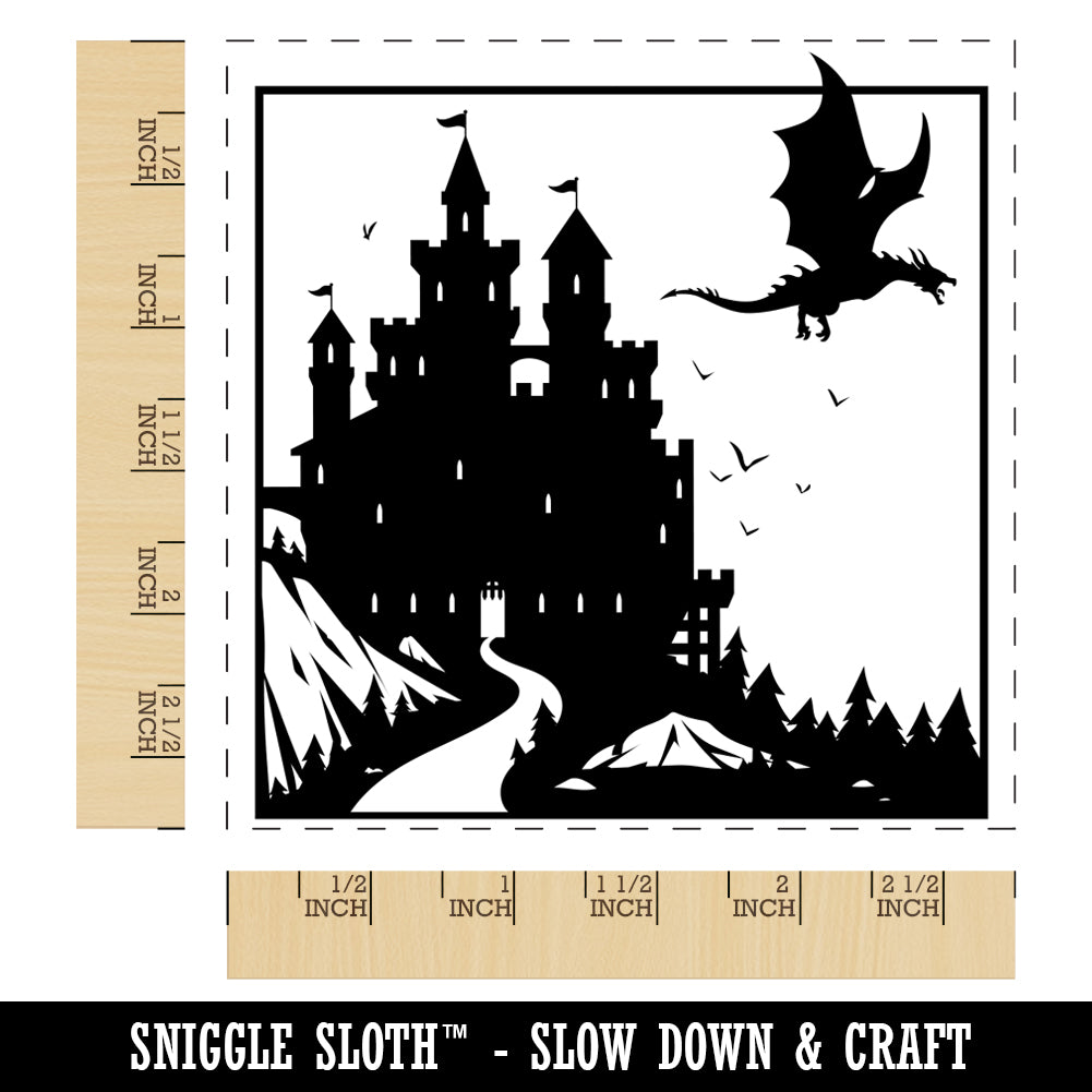 Dragon Flying Over Medieval Castle Square Rubber Stamp for Stamping ...
