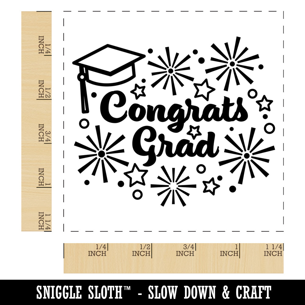 Congrats Grad Graduate Graduation Cap Fireworks Stars Square Rubber ...