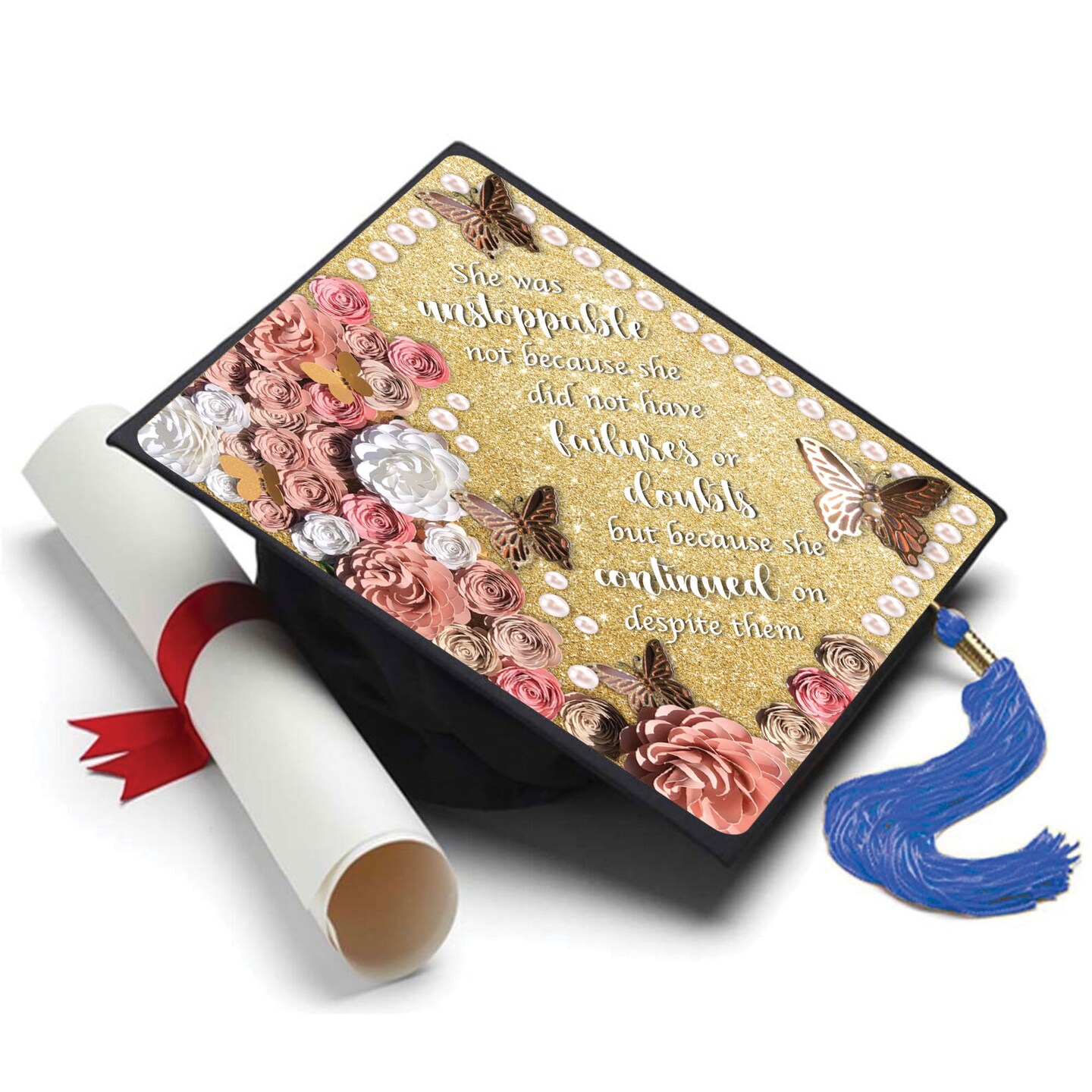 Printed Grad Cap Topper, She was Unstoppable, Floral Grad Caps ...
