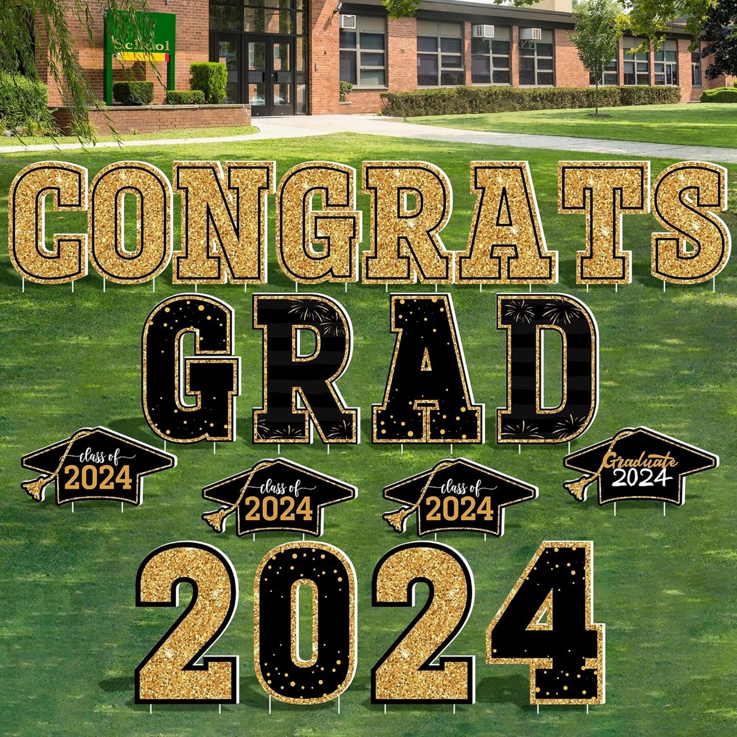 Graduation Yard Signs, 20 PCS Black Gold Congrats Grad Lawn Stakes ...