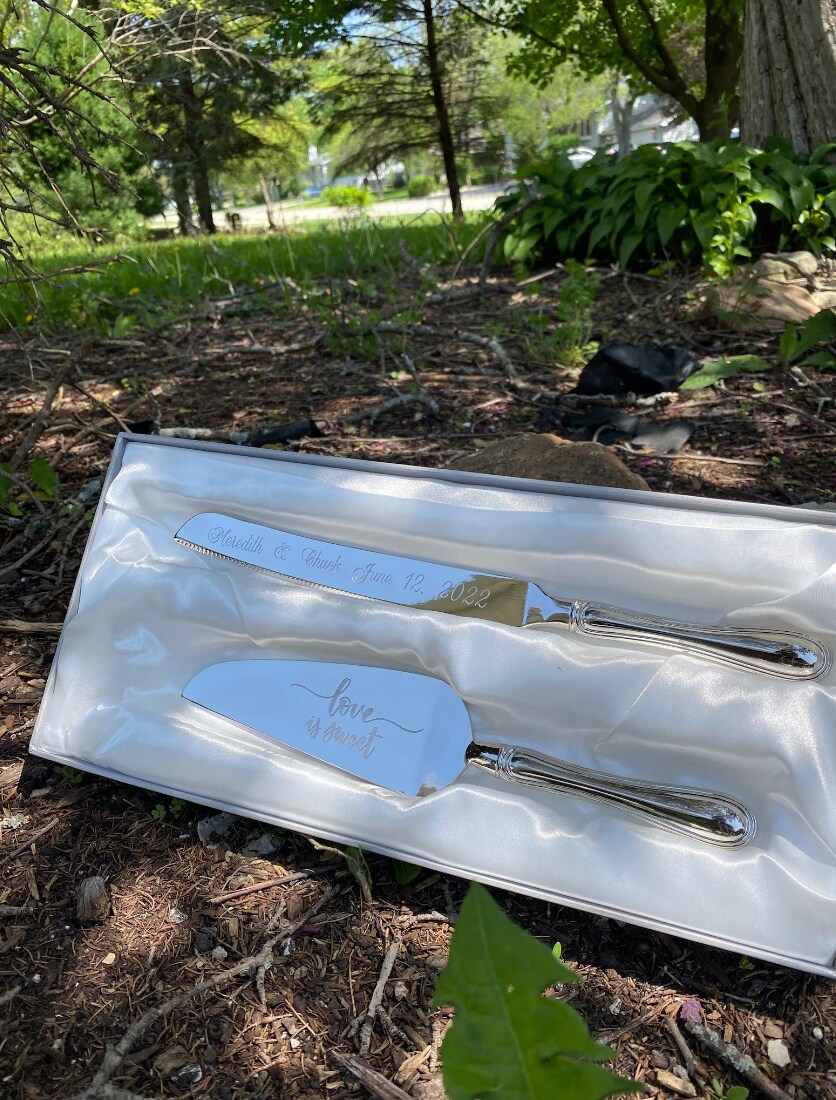 Simple Engraved Silver Wedding Cake Server and Knife (2pc) Silver ...