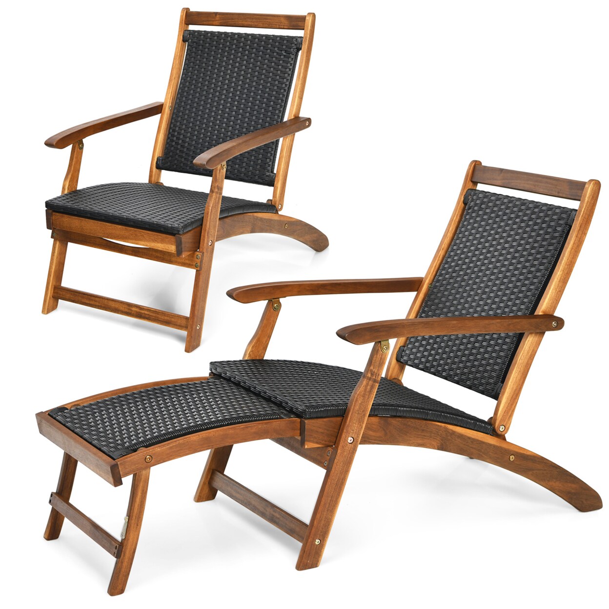 Set Of 2 Folding Patio Acacia Wood Deck Chair Rattan Chaise Lounge ...
