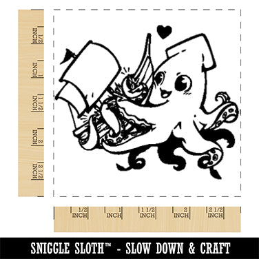 Adorable Sweet Kraken Squid Sea Monster Hug Ship Square Rubber Stamp ...