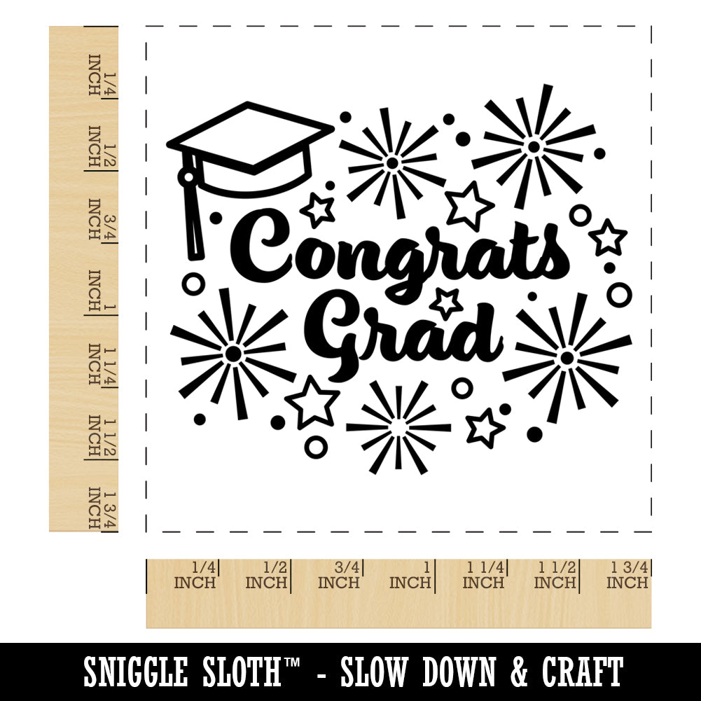 Congrats Grad Graduate Graduation Cap Fireworks Stars Square Rubber ...