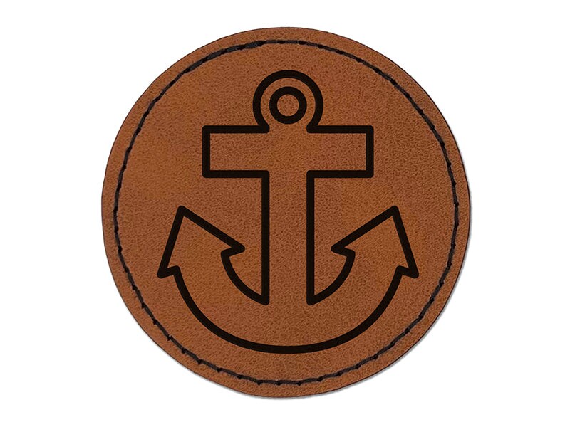 Boat Anchor Nautical Outline Round Iron-On Engraved Faux Leather Patch ...
