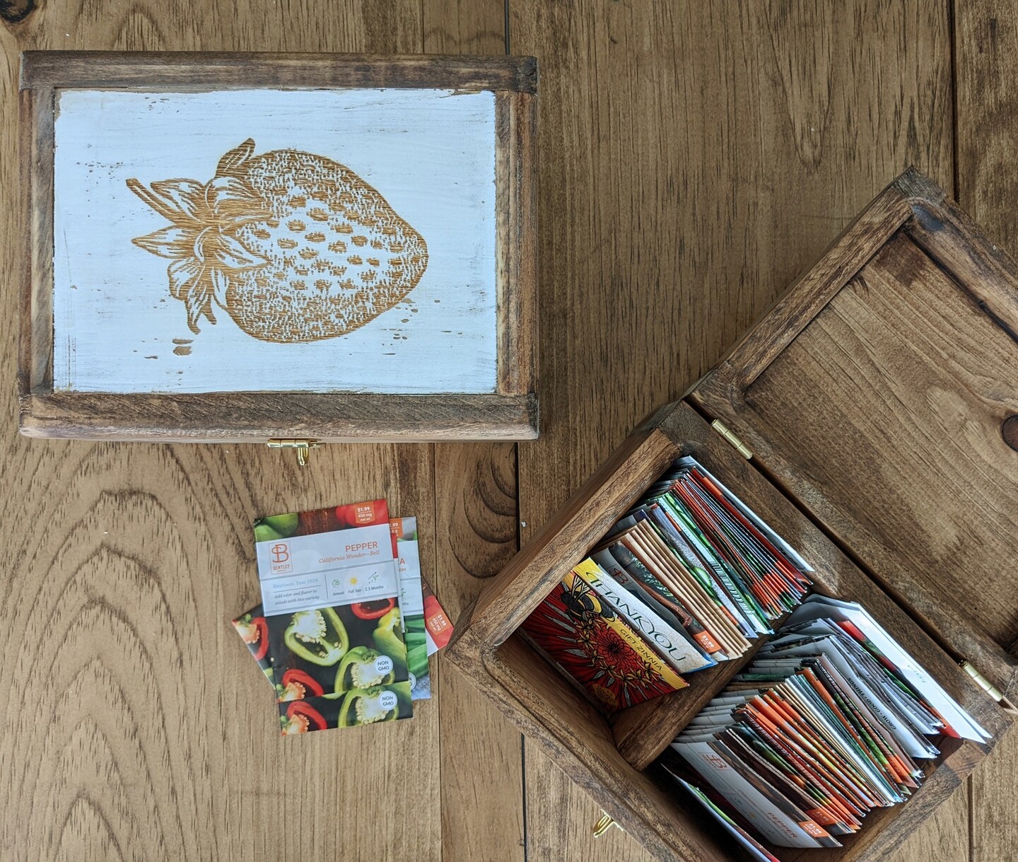 Handcrafted Wooden Seed Storage Box | Strawberry Design | Rustic Seed ...