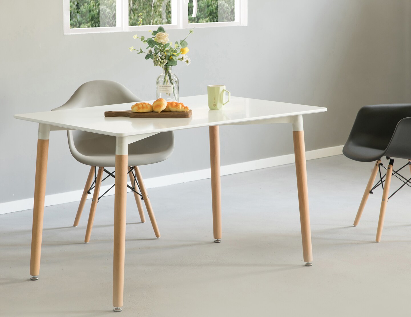 Mid-Century Modern Rectangular 4 Ft. Dining Table with White Plastic Tabletop and Solid Beech ...