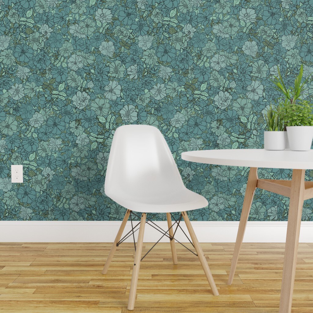 Pre Pasted Wallpaper 2ft Wide Blue Floral Retro Flowers Hand Drawn