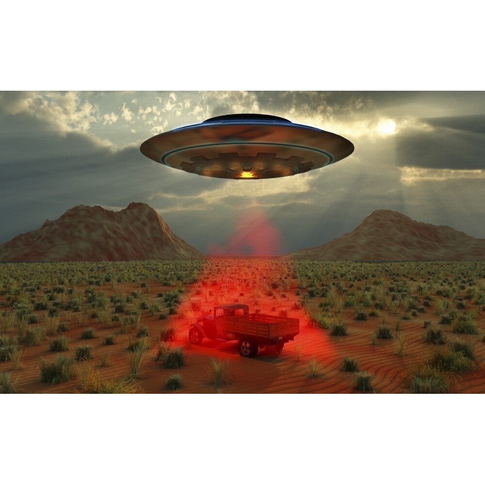 An Alien Ufo Probing A 1930S Style Truck In Desert Landscape. Poster ...