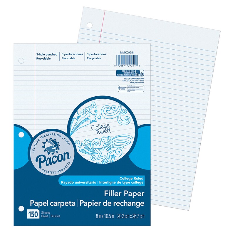 Filler Paper, White, 3-Hole Punched, Red Margin, 9/32" Ruled, 8" X 10-1 ...