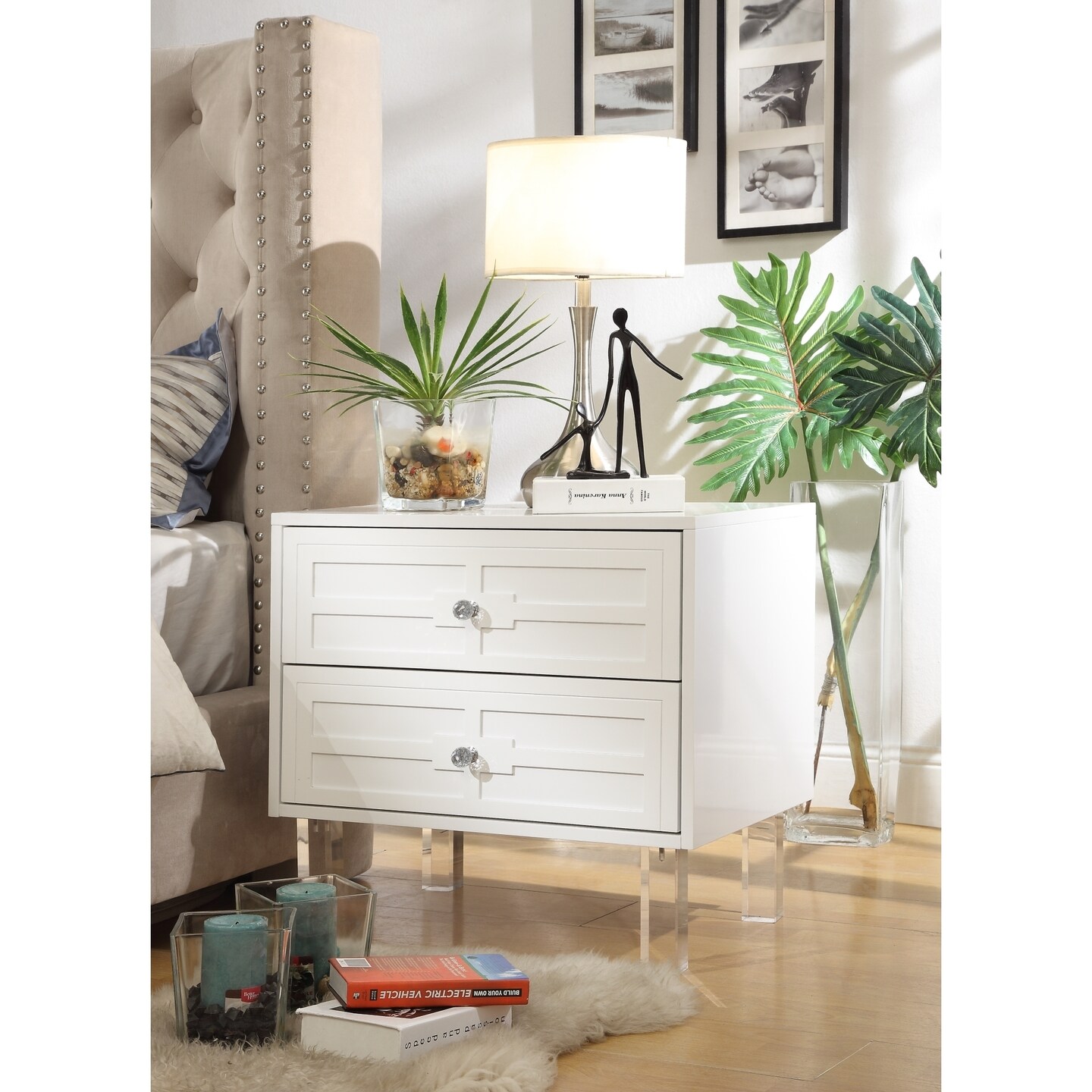 Inspired Home Maya MDF Wood Lacquer-2 Drawers-Finish Lucite Leg-Side ...