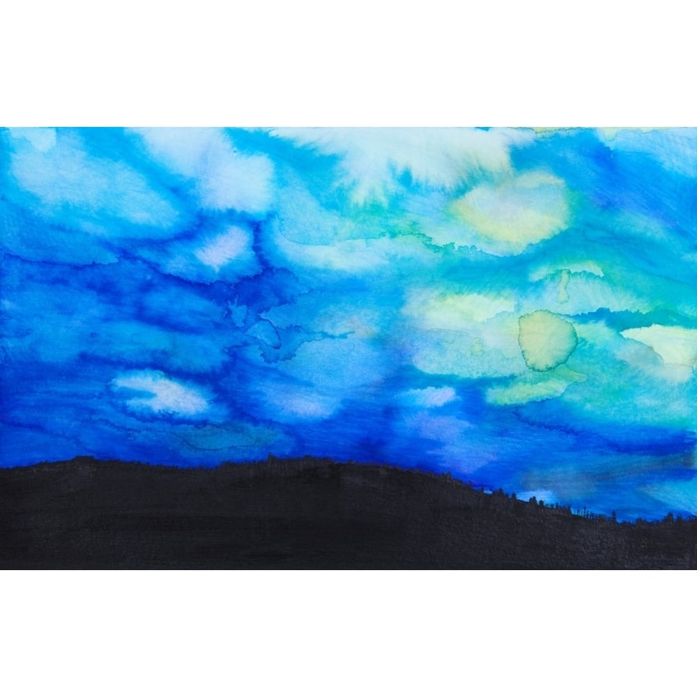 Watercolor Painting Of A Dramatic Sky With Blue Clouds And Silhouette ...