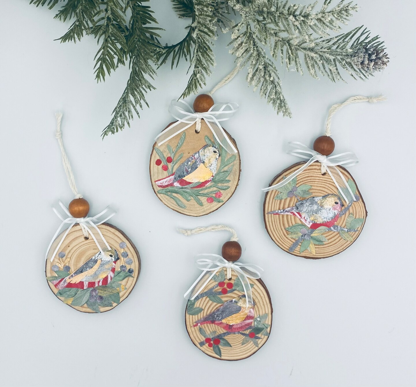 Finch bird Christmas ornament hand painted paper collage with shimmer ...
