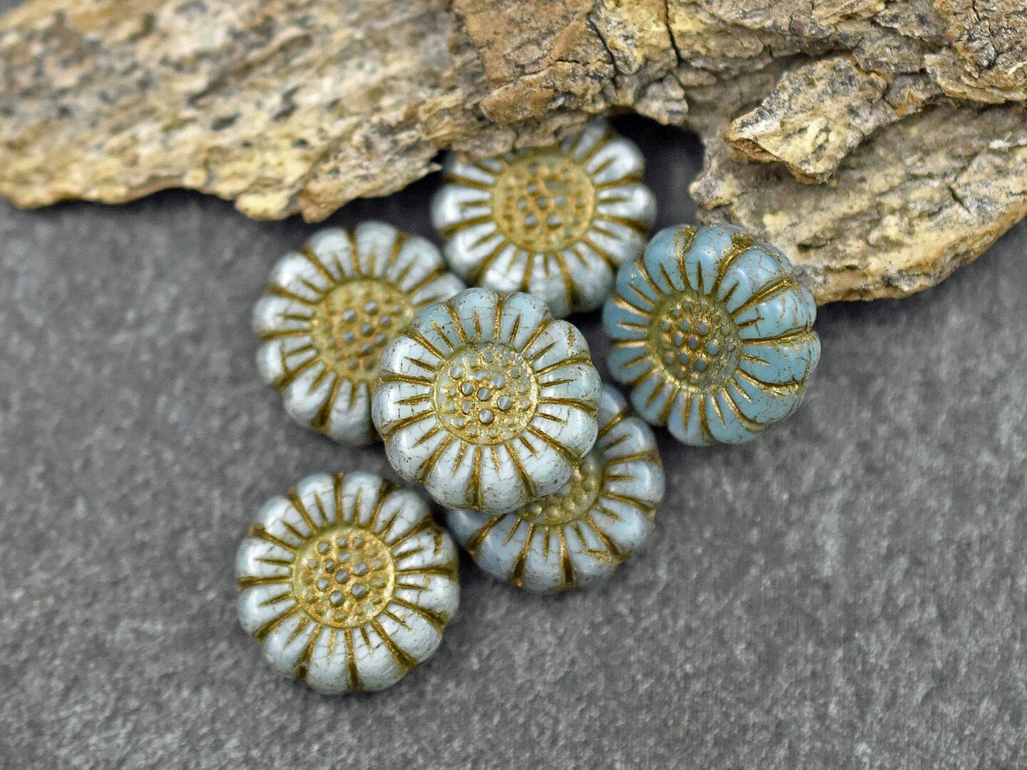 *12* 13mm Dark Bronze Washed Denim Blue Silk Sunflower Coin Beads ...