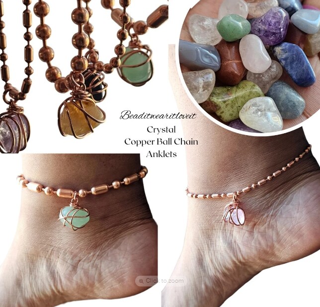 Multiple Sizes and Stones Pure Copper Ball Chain Crystal Ankles, Copper ...