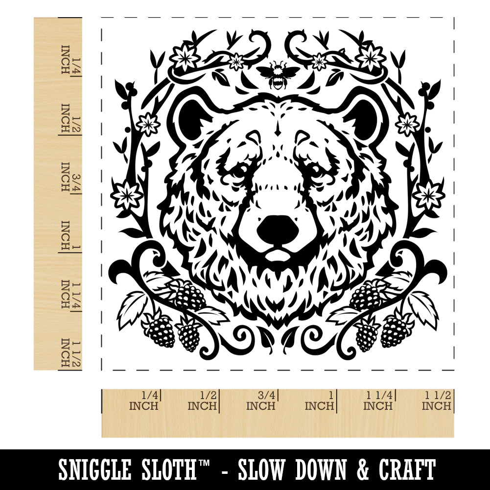 Floral Black Bear Head with Flowers and Blackberries Self-Inking Rubber ...
