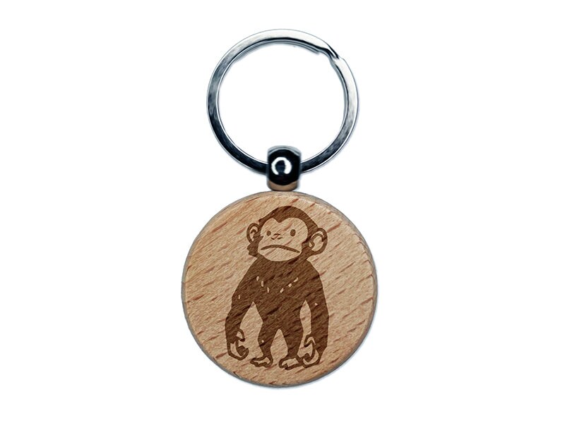Standing Stoic Chimpanzee Ape Monkey Engraved Wood Round Keychain Tag ...