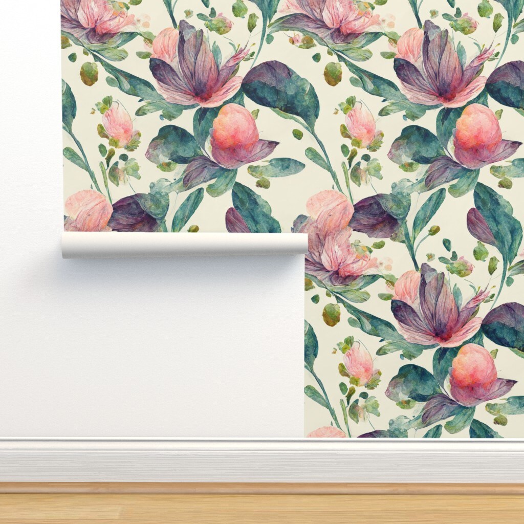 Boho Watercolor Floral Botanical Leaves Large Scale Rose Romantic ...