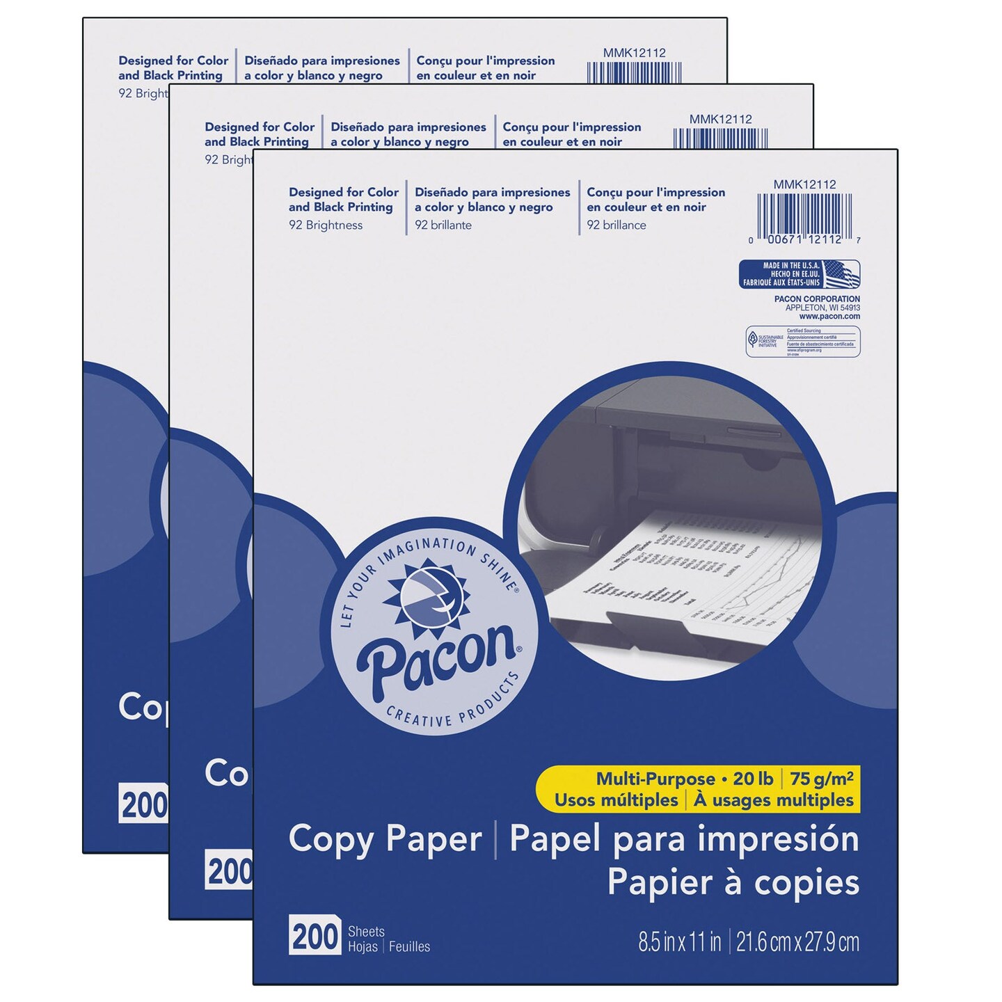 Multi-Purpose Paper, White, 20 lb., 8-1/2" x 11", 200 Sheets Per Pack ...