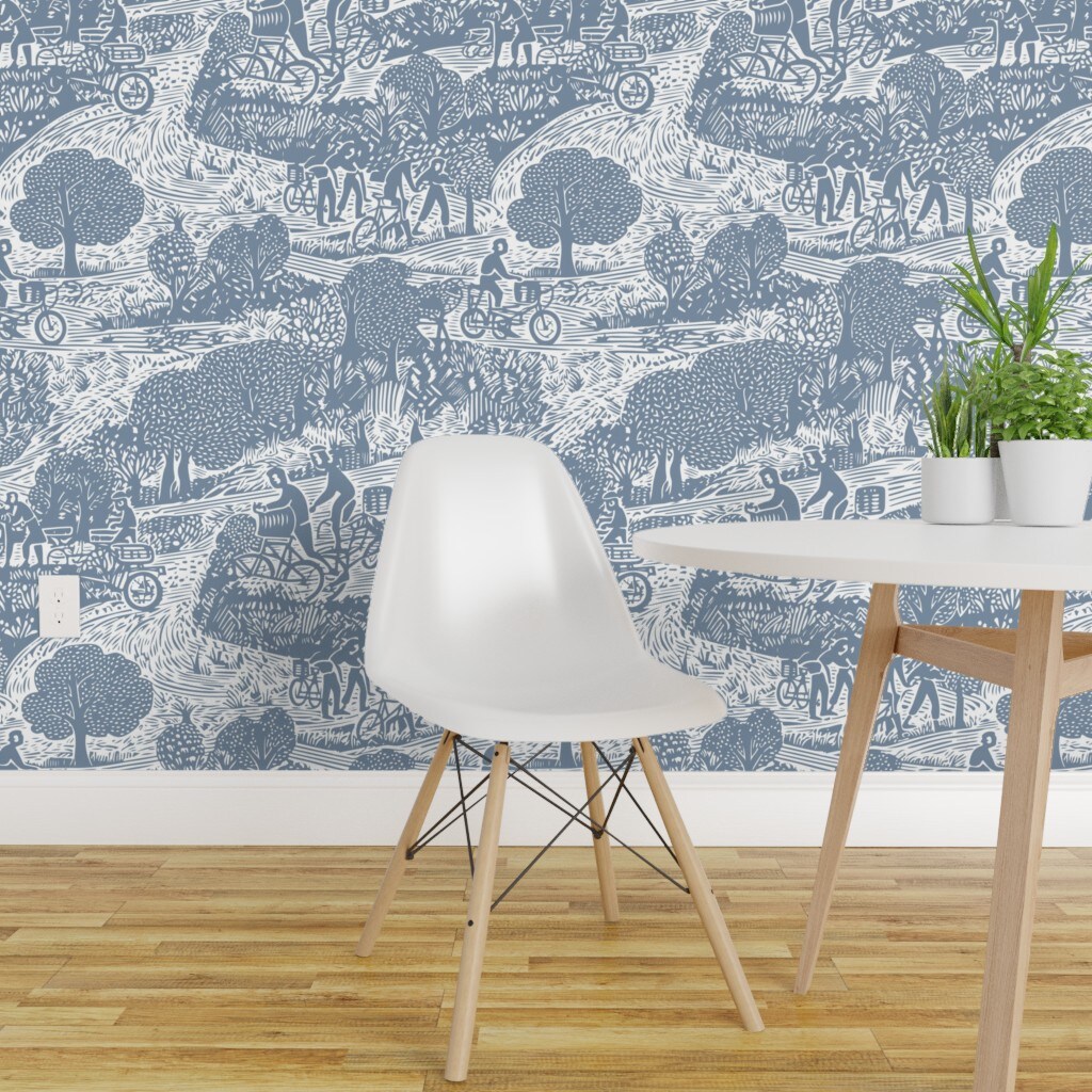 Pre-Pasted Wallpaper 2FT Wide Folk Bicycle Toile Blue Monochrome Block ...