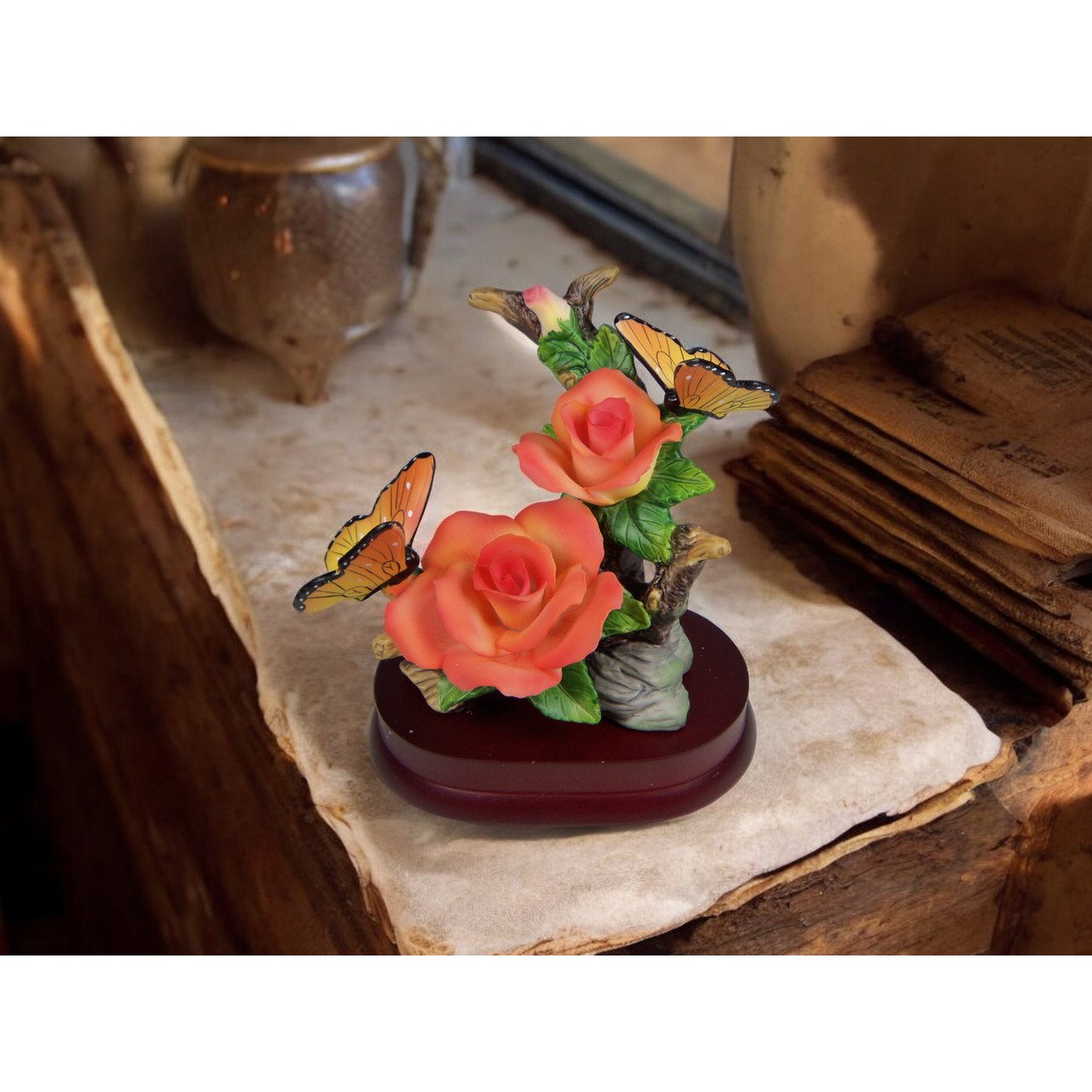 Ceramic Rose Flower With Butterflies Figurine 5 Inch Wooden Base Gift ...