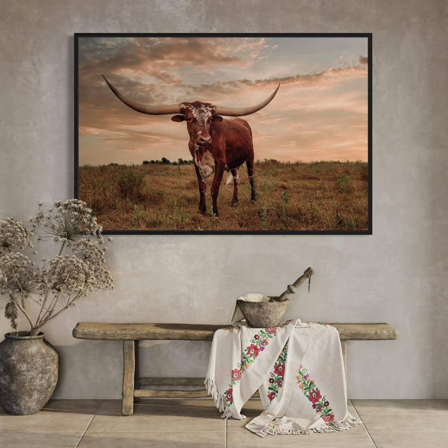 Large Western Style Longhorn Wall Art - Southwestern Decor Cow Canvas ...